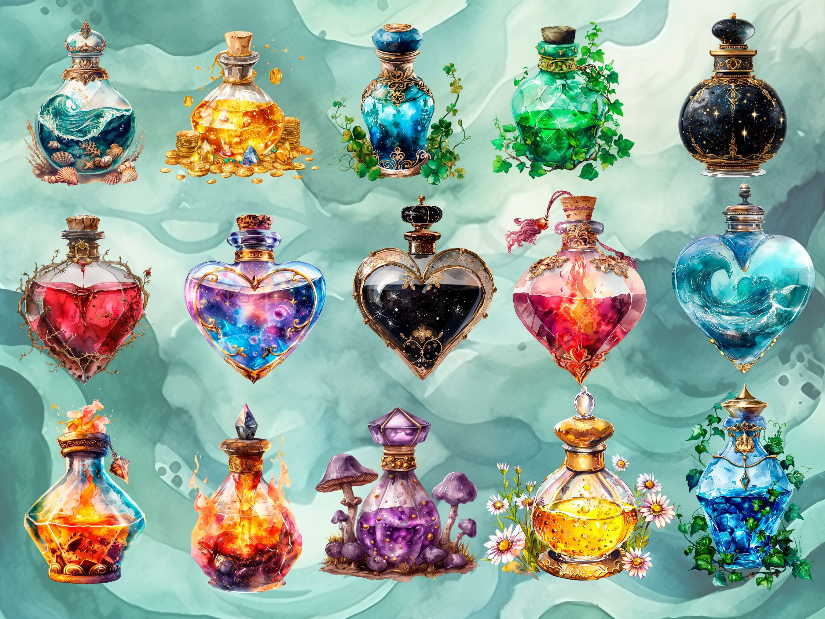 30 Watercolor Magic Potions, Clipart, Png, Digital Download, Scrapbook ...