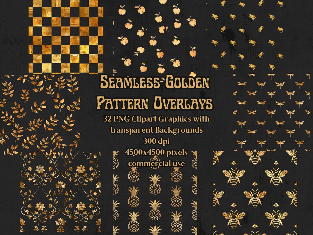 32 Seamless Golden Pattern Overlays, Seamless Gold Foil PNG Pattern ...