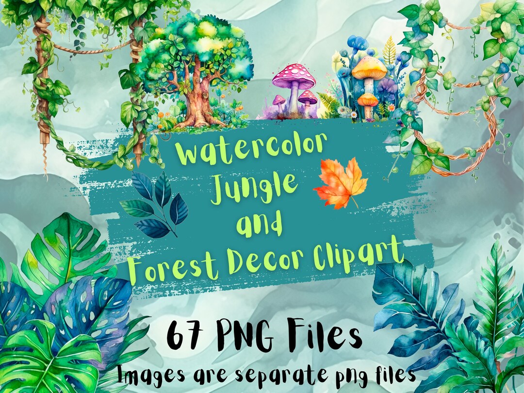 Watercolor Jungle and Forest Decor, Png, Clipart, Junk Journal, Paper ...