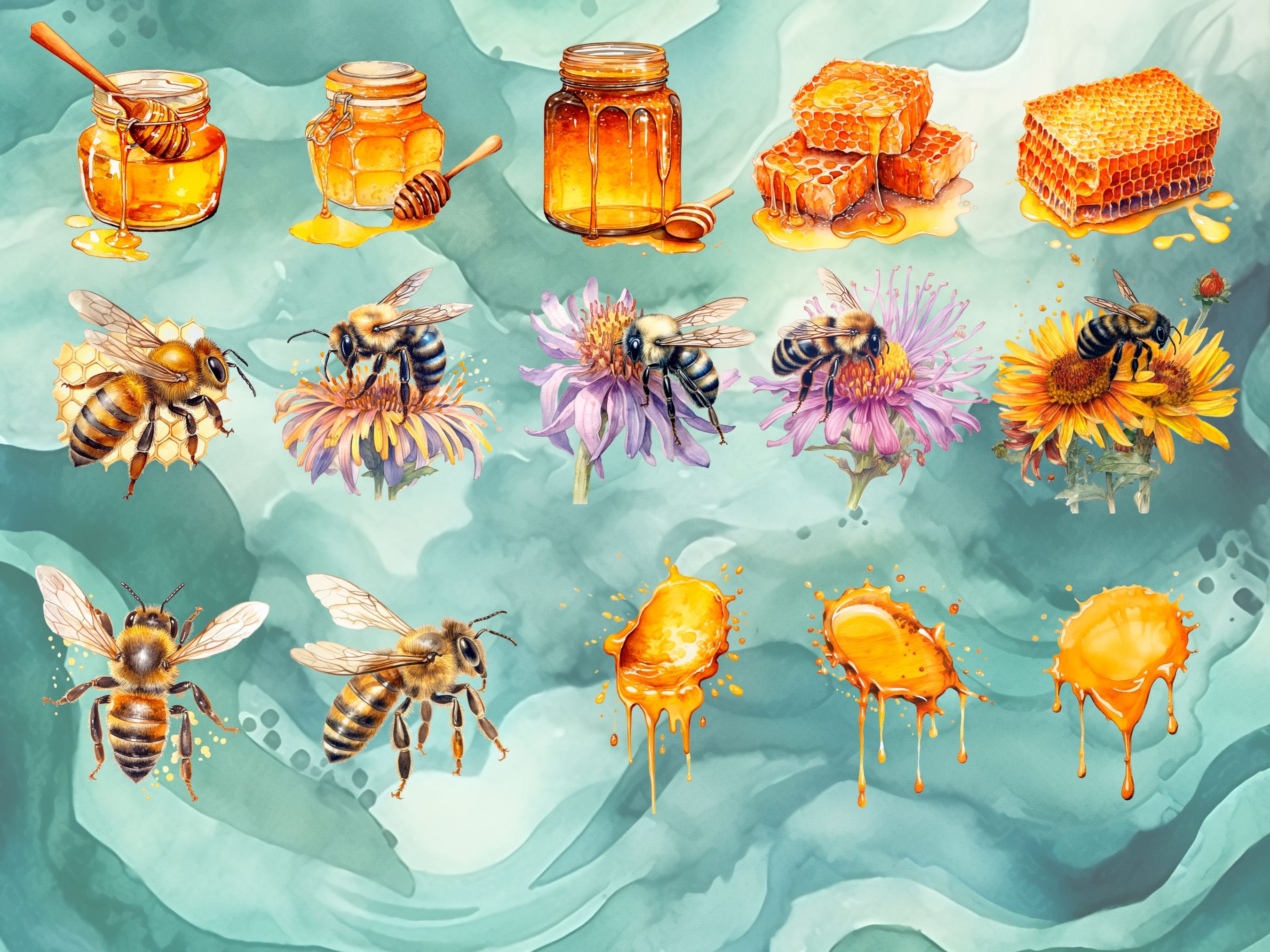 25 Watercolor Honey Bee Clip Art PNG, Digital Download, Paper Craft ...
