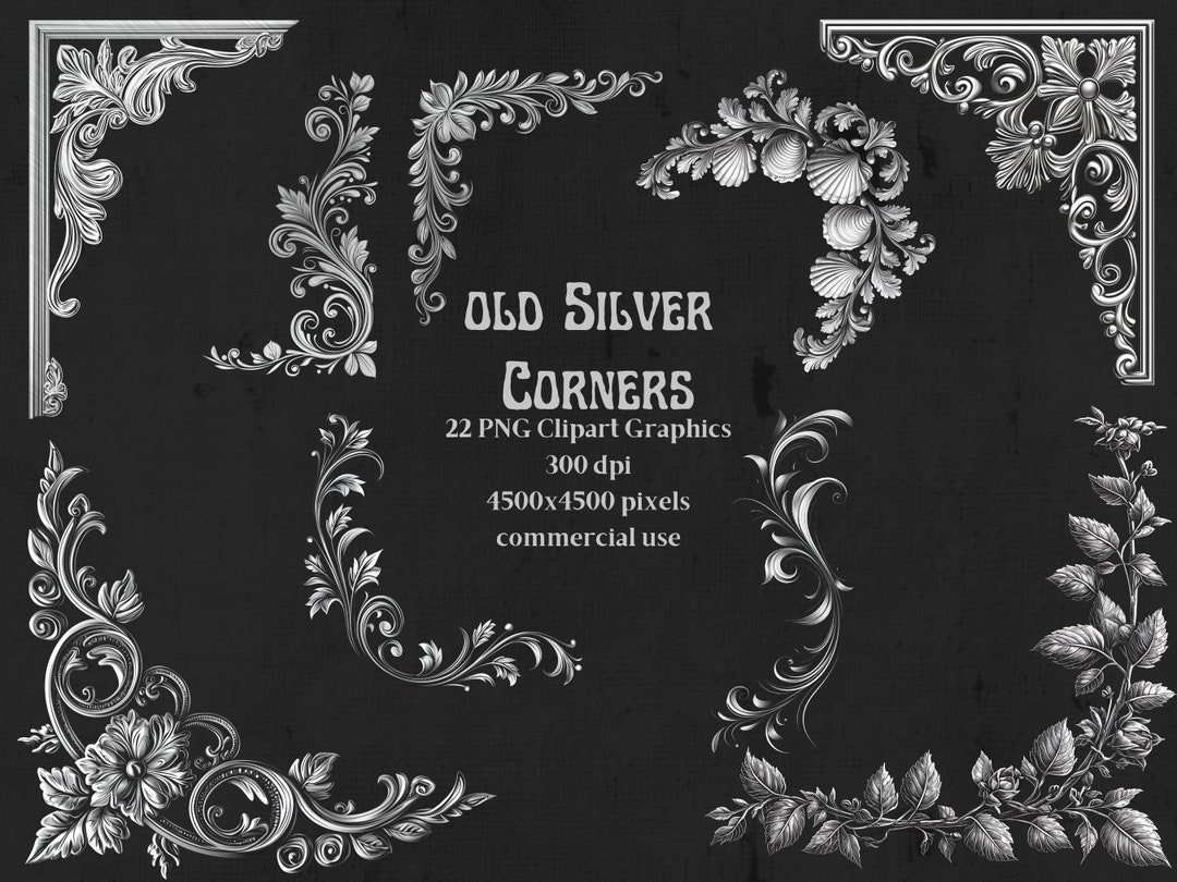 22 Old Silver Corners, Png, Clip Art, Corner Border, Antique, Digital ...