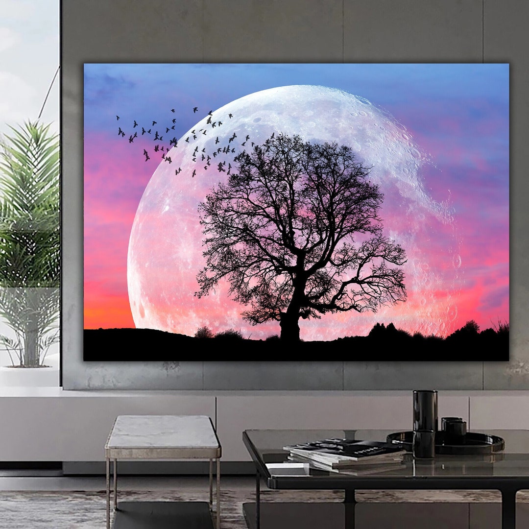 Full Moon & Tree Scenery Canvas Print, Beautiful Landscape Poster, Full ...