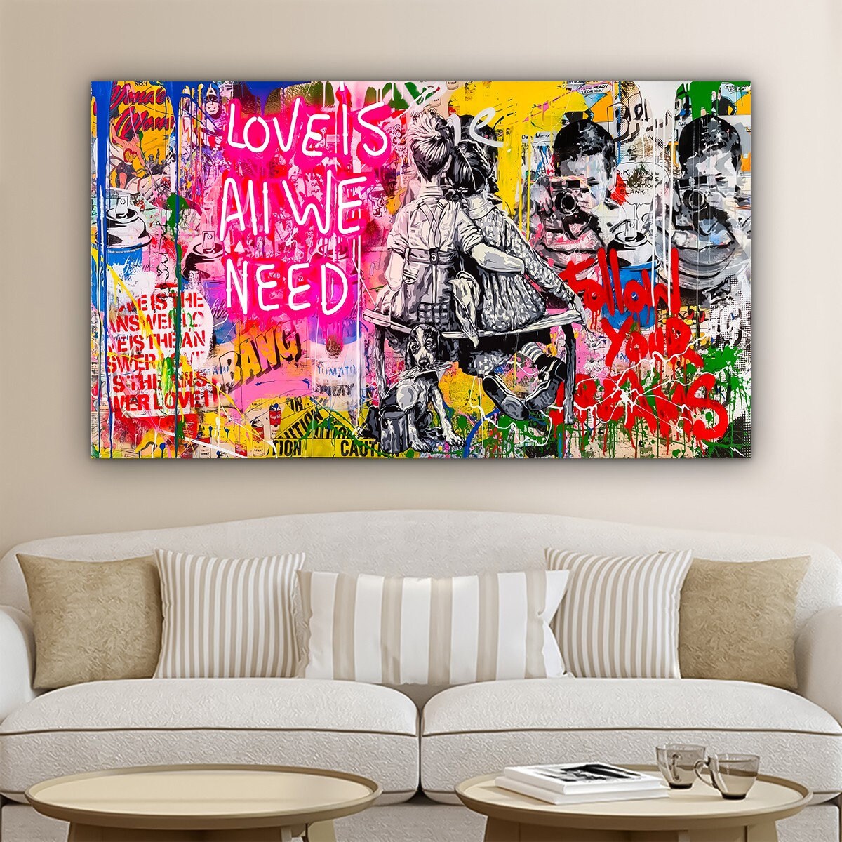 Children Hugging, Banksy Graffiti Art, Street Canvas Painting, Graffiti ...