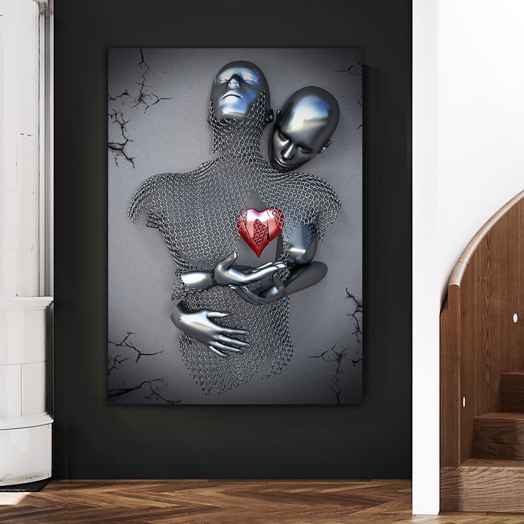 Hugging Couple Canvas Painting, Red Heart, Romantic Couple Silver Wall ...