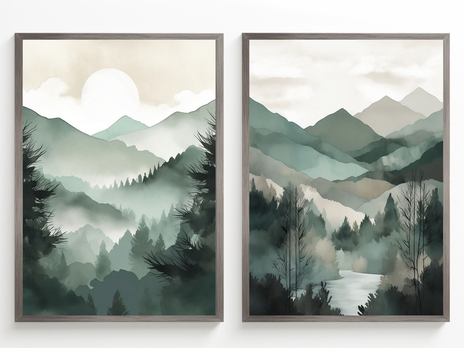 Sage Green Abstract Mountain Forest Painting, 2 Piece Printable Wall ...