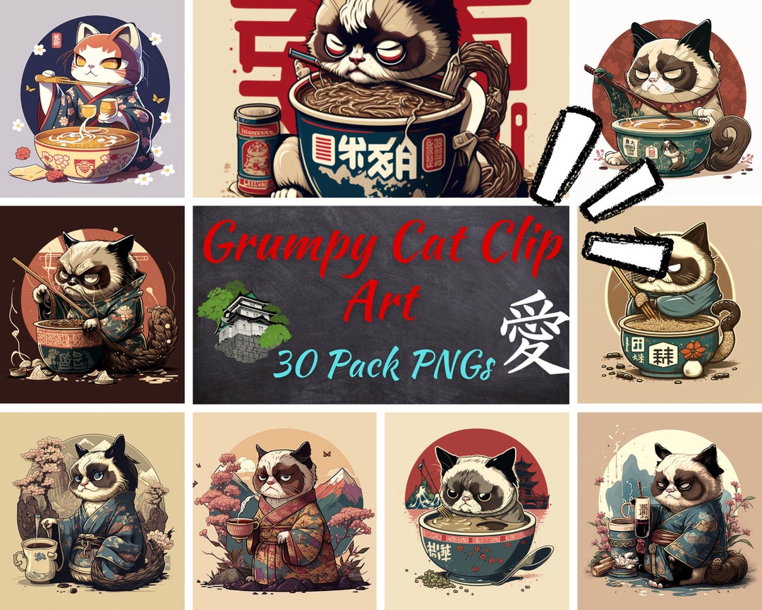 30 Grumpy Cat Pack, Japanese, Funny Meme Clipart Graphics in PNG Format for Commercial Use - Etsy