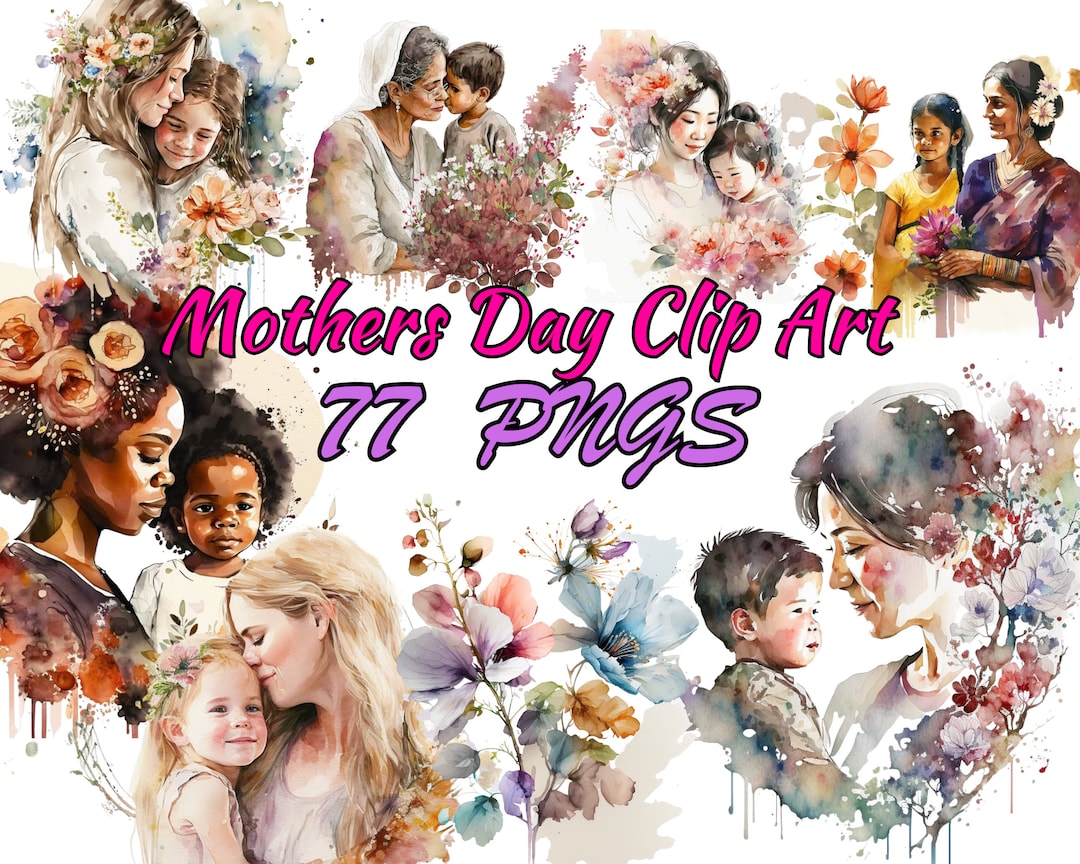 77 Watercolor Mothers Day Pack, Multi Cultural Mothers, Son, Daughter, Mothers Day Clipart ...