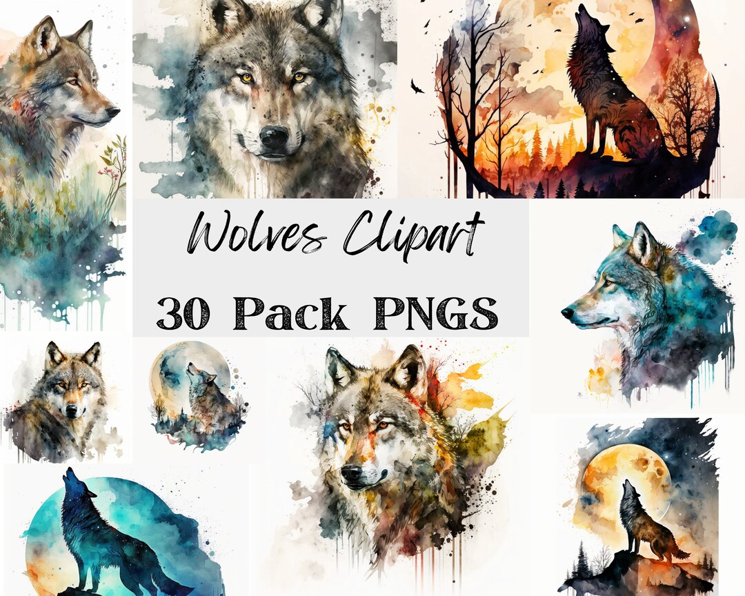 30 Watercolor Wolves Pack, Moons, Wolf Clipart Graphics in PNG Format ...