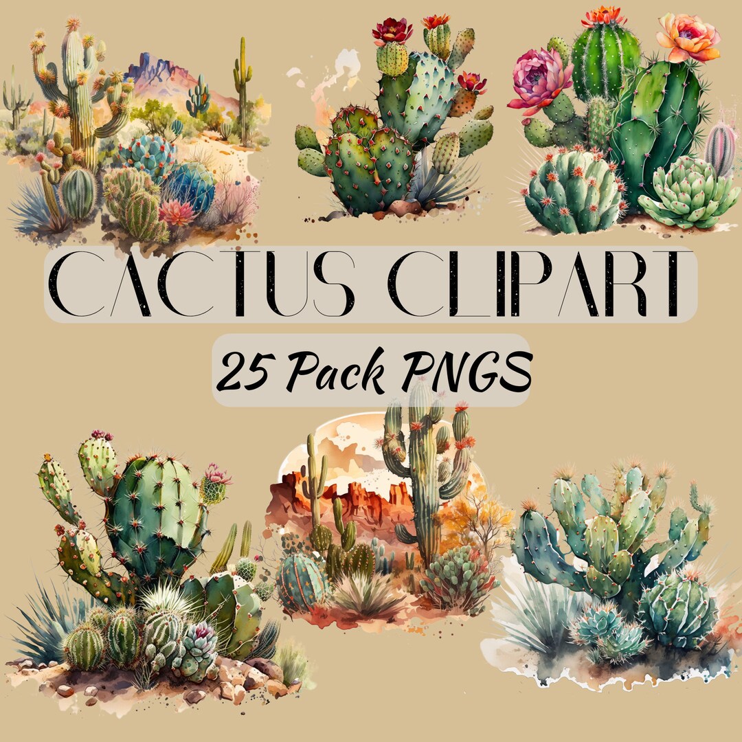25 Watercolor Cactus Pack, Cactus Clipart Graphics in PNG Format for ...