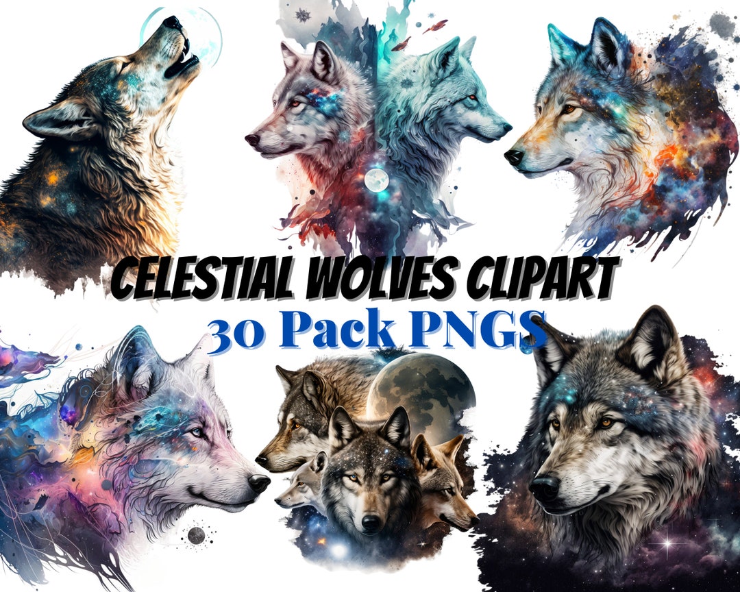 30 Celestial Wolves Pack, Space, Stars, Planets, Wolf Clipart Graphics ...