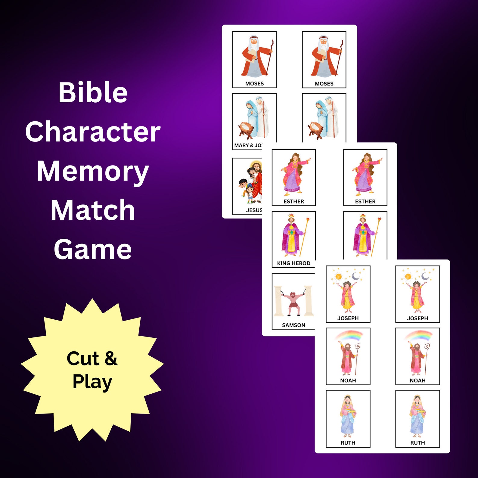 Bible Character Memory Match Game, Biblical Printable Cards, Kids Bible ...