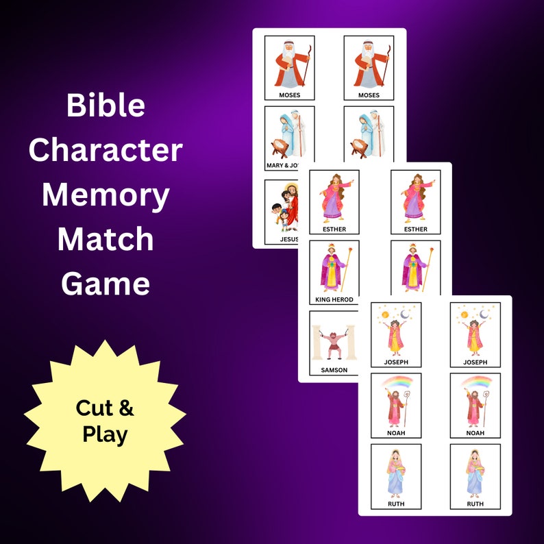 Bible Character Memory Match Game, Biblical Printable Cards, Kids Bible ...