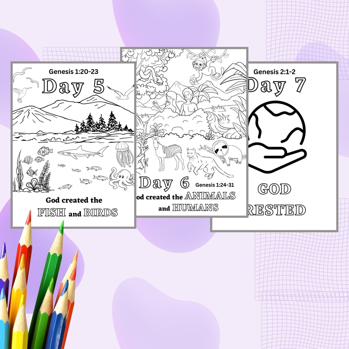 7 Days of Creation Coloring Pages, Kids Bible Lesson Printable ...