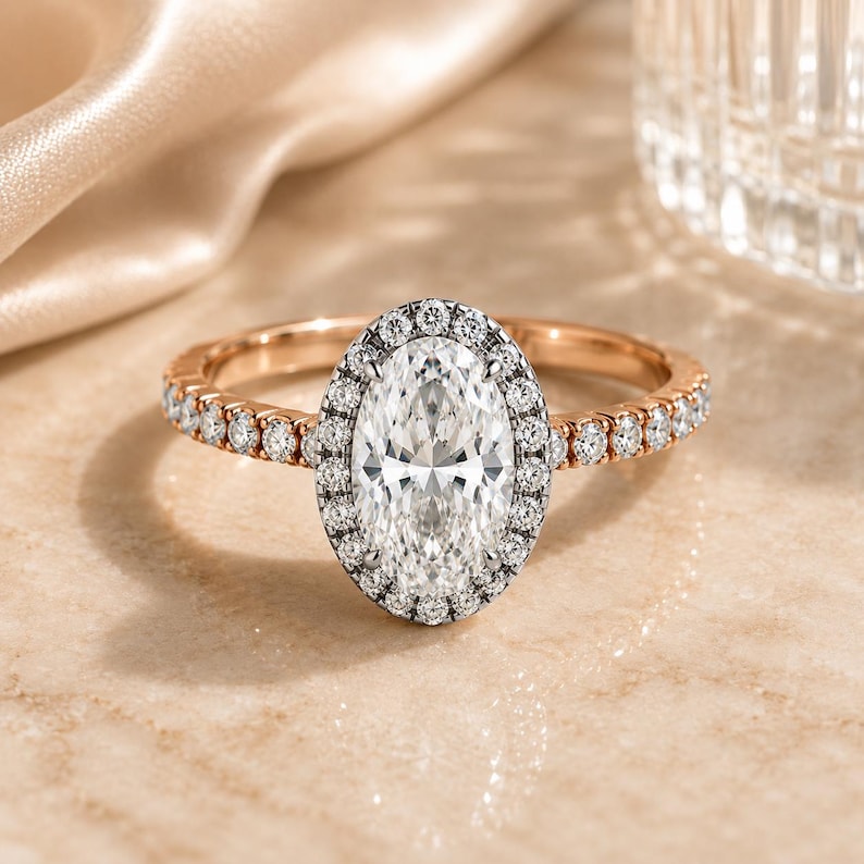 Oval Halo Engagement Ring | 1.09 CT Pave Band | 14K Rose Gold | VVS1 D ...