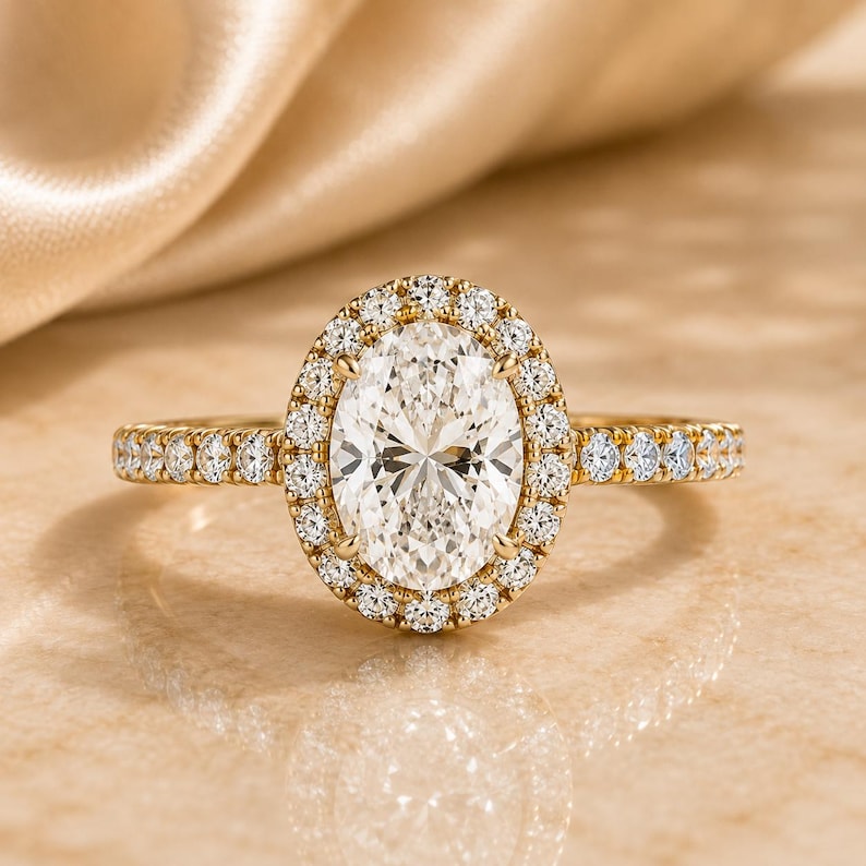 Oval Halo Engagement Ring | 1.09 CT Pave Band | 14K Rose Gold | VVS1 D ...