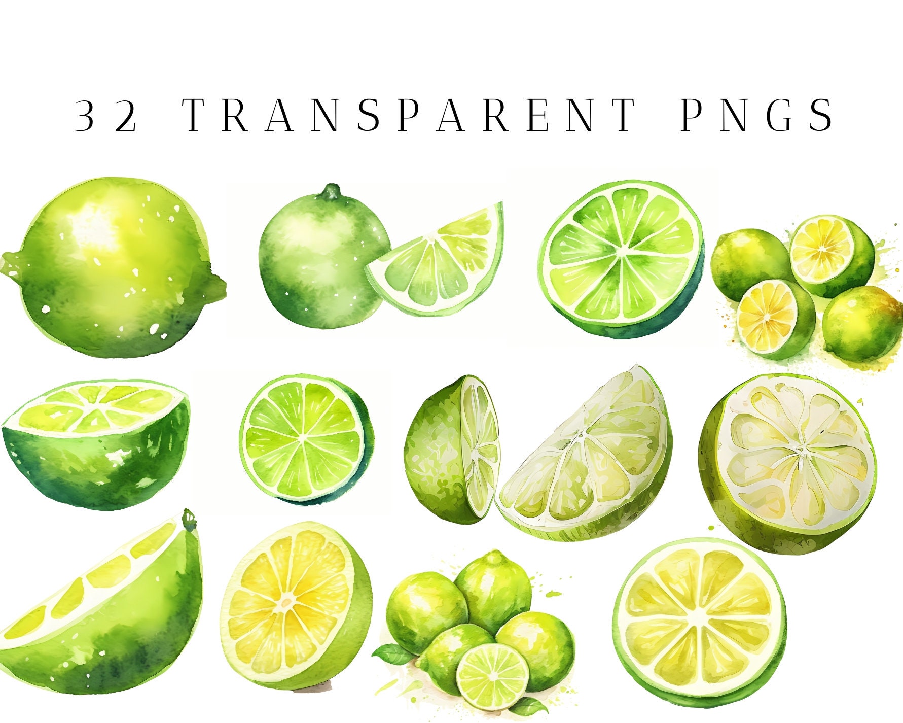 32 Watercolor Lime Clipart Bundle, PNG, Fruits Clipart, Refreshing ...