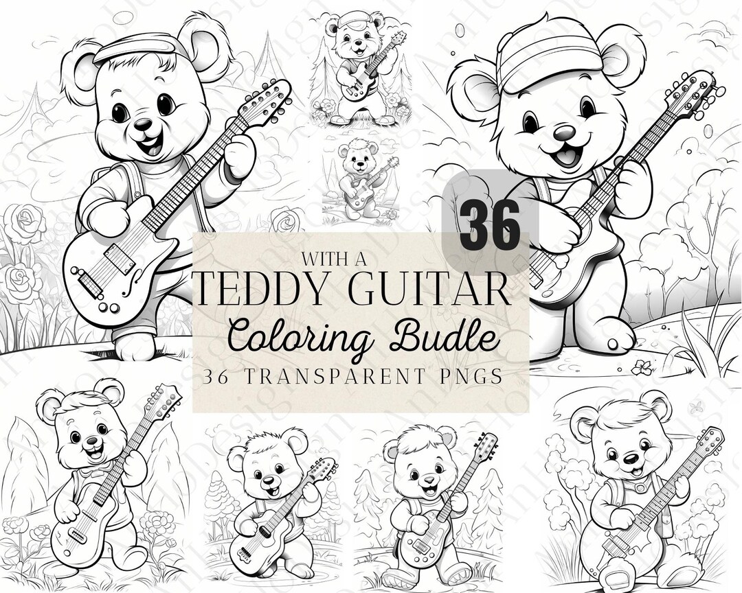 36 Teddy With a Guitar Coloring Pages, Black & White, Cute Teddy ...