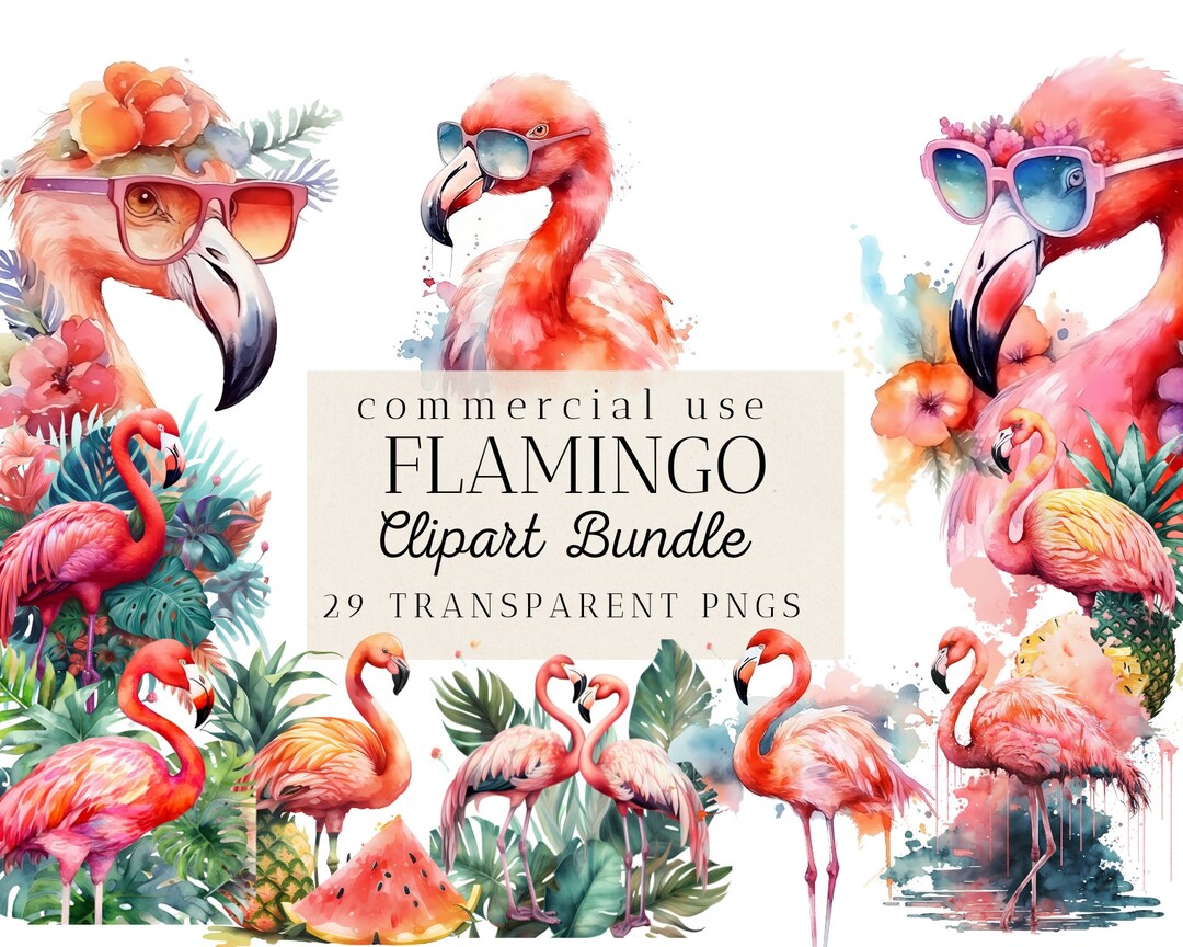 29 Flamingo Watercolor Clipart Bundle, Exotic Clipart, Summer, Tropical ...