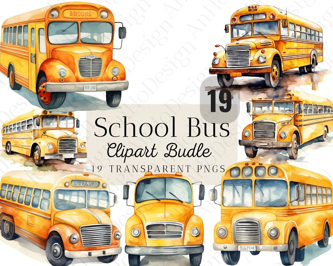 19 Watercolor School Bus Clipart Bundle, Bus Clipart, Wall Art, Bus Art ...