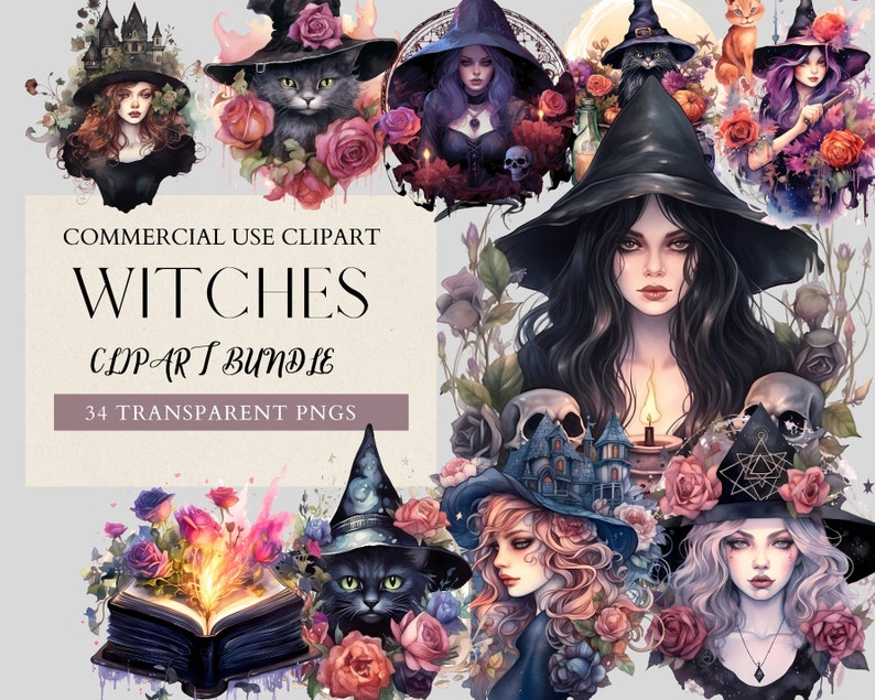 34 Witch Watercolor Clipart Bundle, Witch Black Style, Magical ...