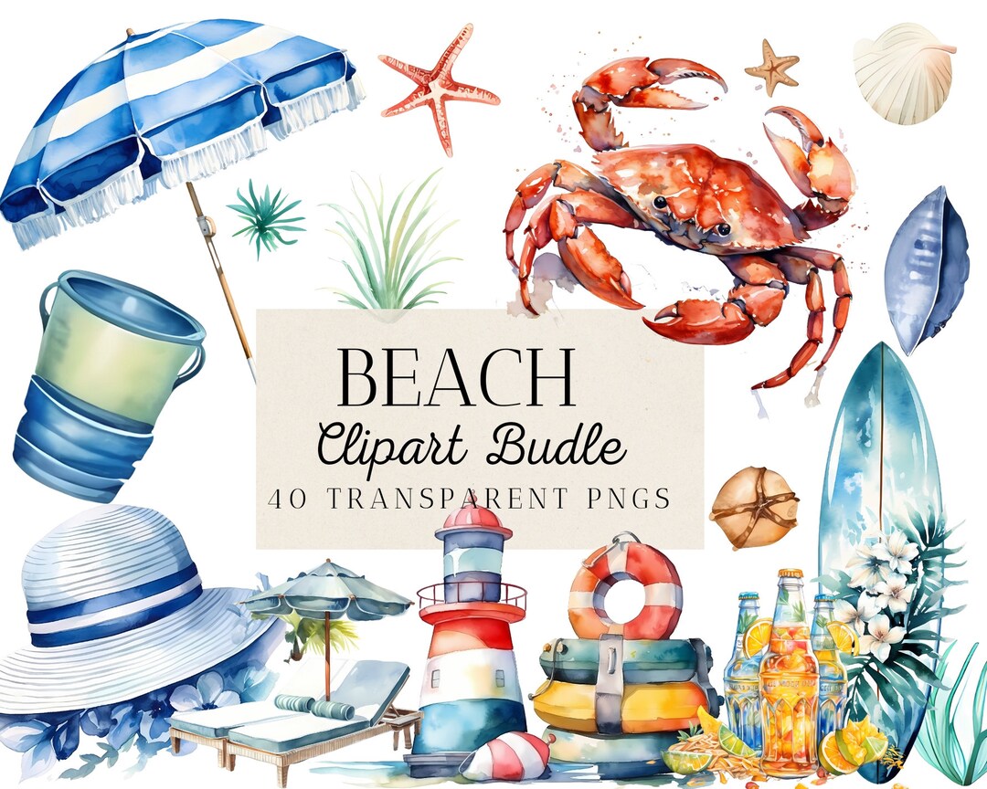 40 Watercolor Beach & Summer Clipart Bundle, Beach Day Set, Beach Bag ...
