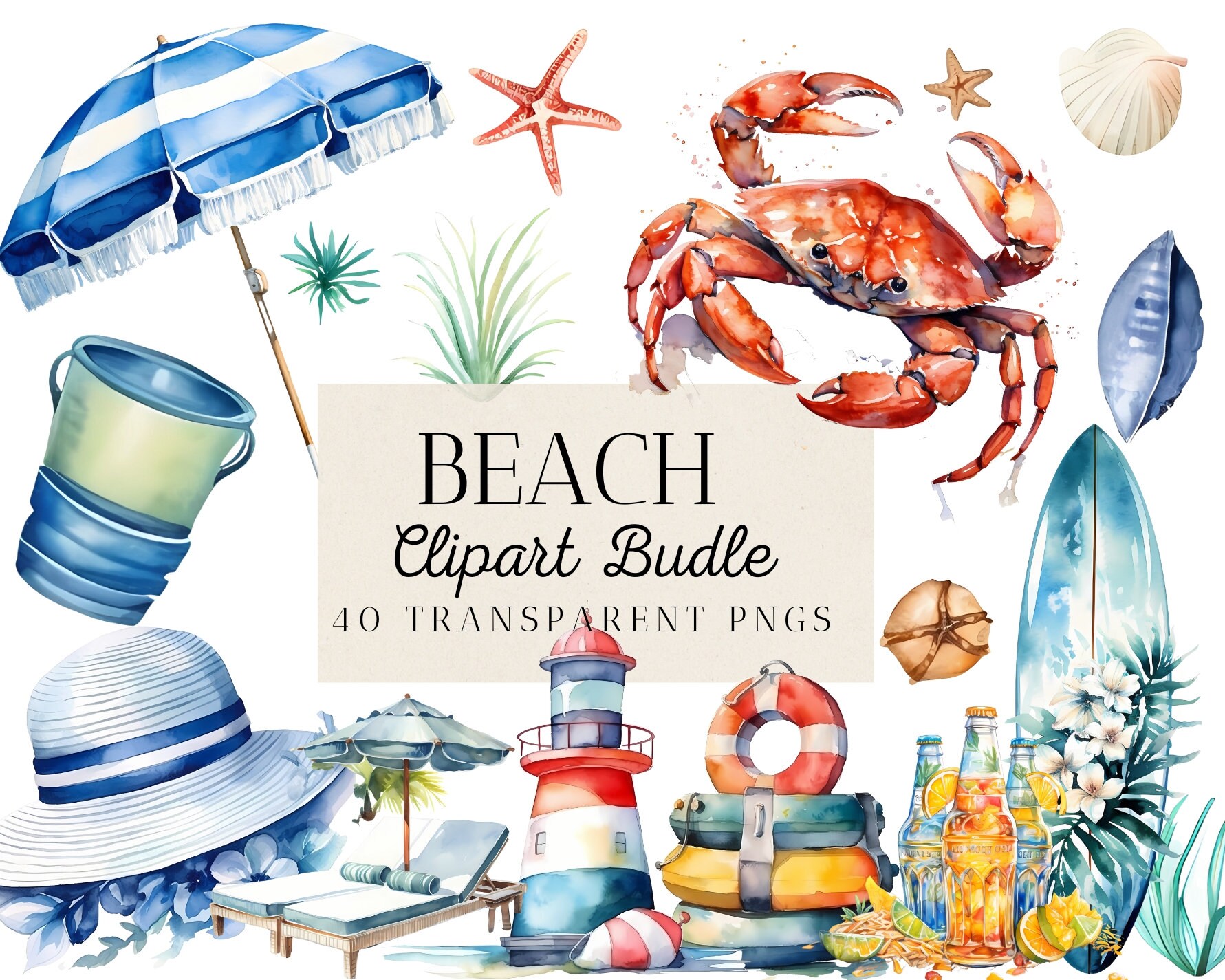 40 Watercolor Beach & Summer Clipart Bundle, Beach Day Set, Beach Bag ...
