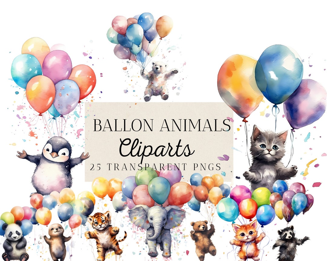 25 Watercolor With Balloons Clipart Bundle, Birthday Clipart, Animals ...