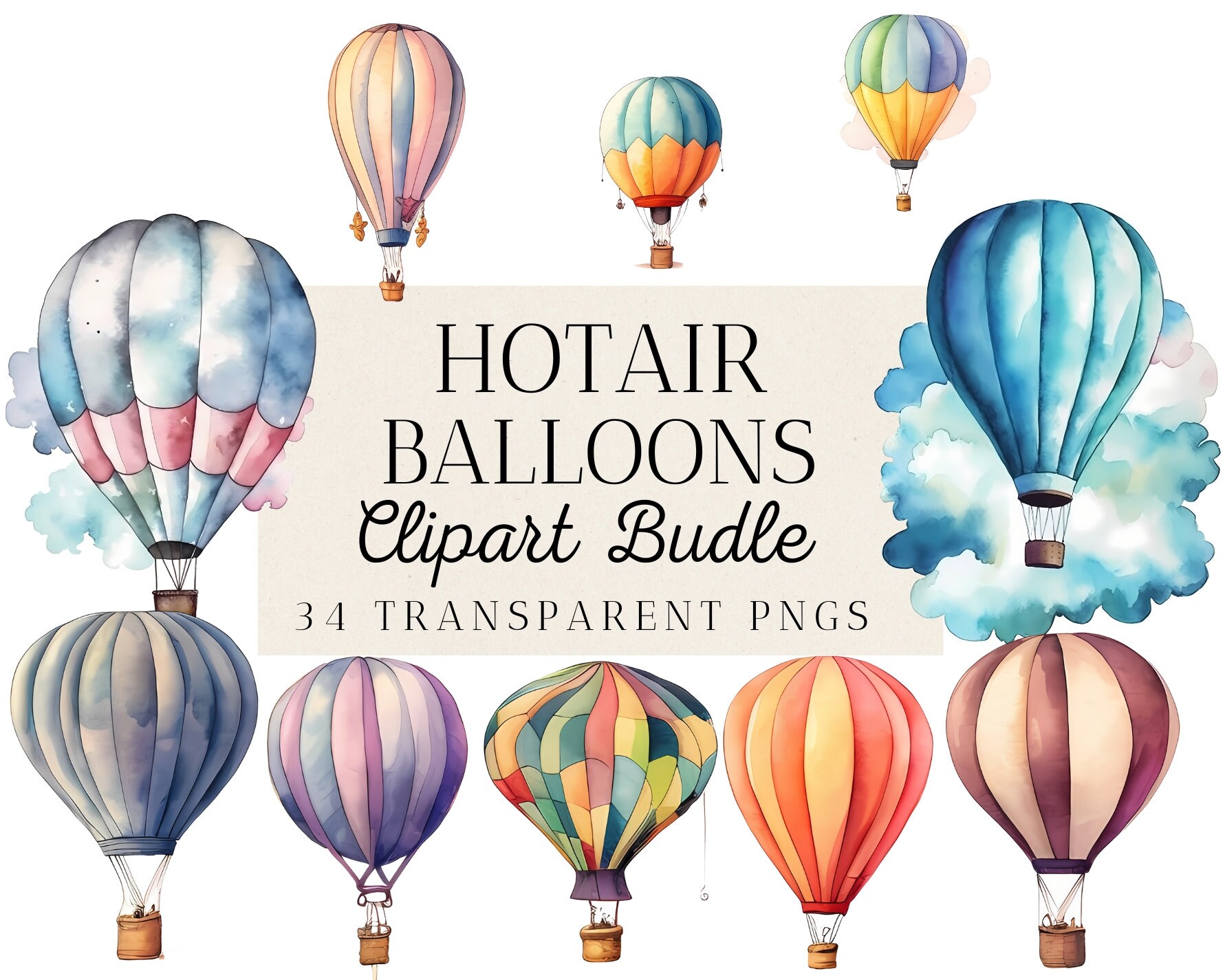 34 Watercolor Hot Air Balloon Clipart Bundle, Airplane Clipart, Travel ...