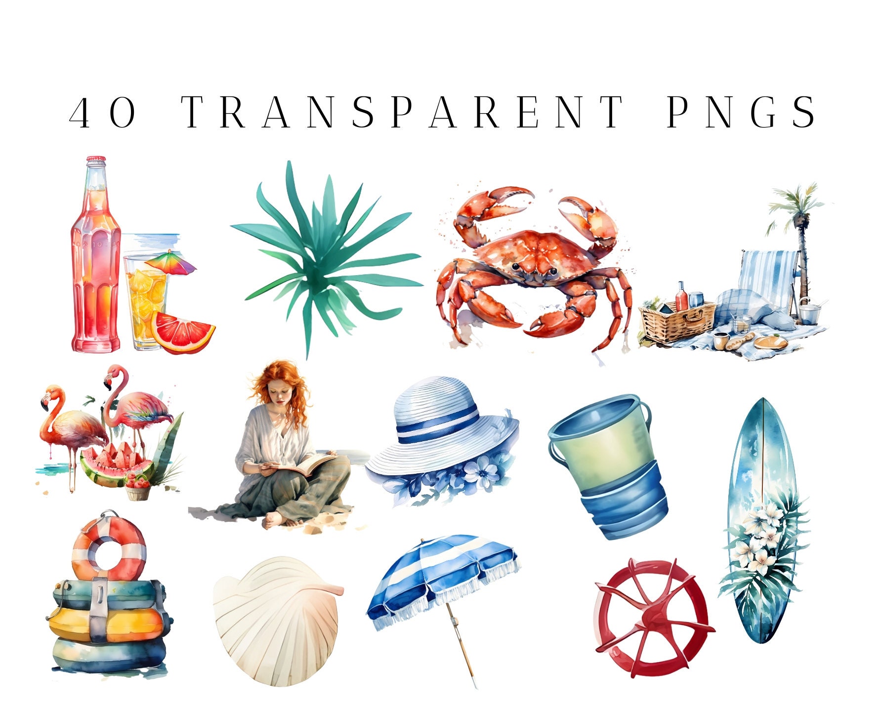 40 Watercolor Beach & Summer Clipart Bundle, Beach Day Set, Beach Bag ...