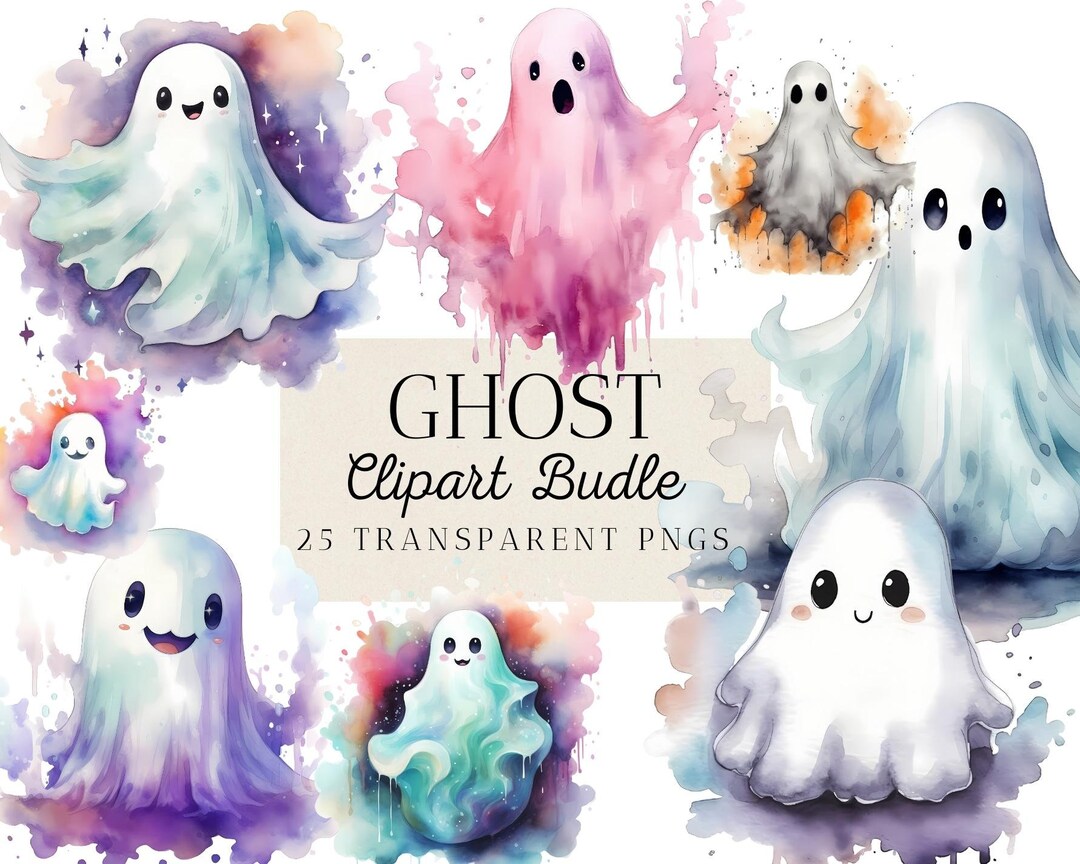 25 Watercolor Ghost Clipart Bundle, PNG, SVG, Transparent, Commercial ...