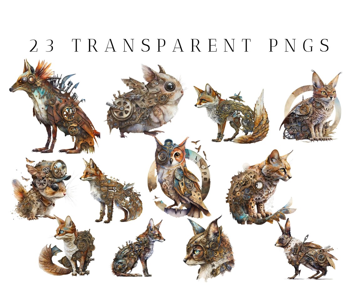 23 Steampunk Animal Clipart Bundle, Steampunk Animal Ephemera, Fantasy ...