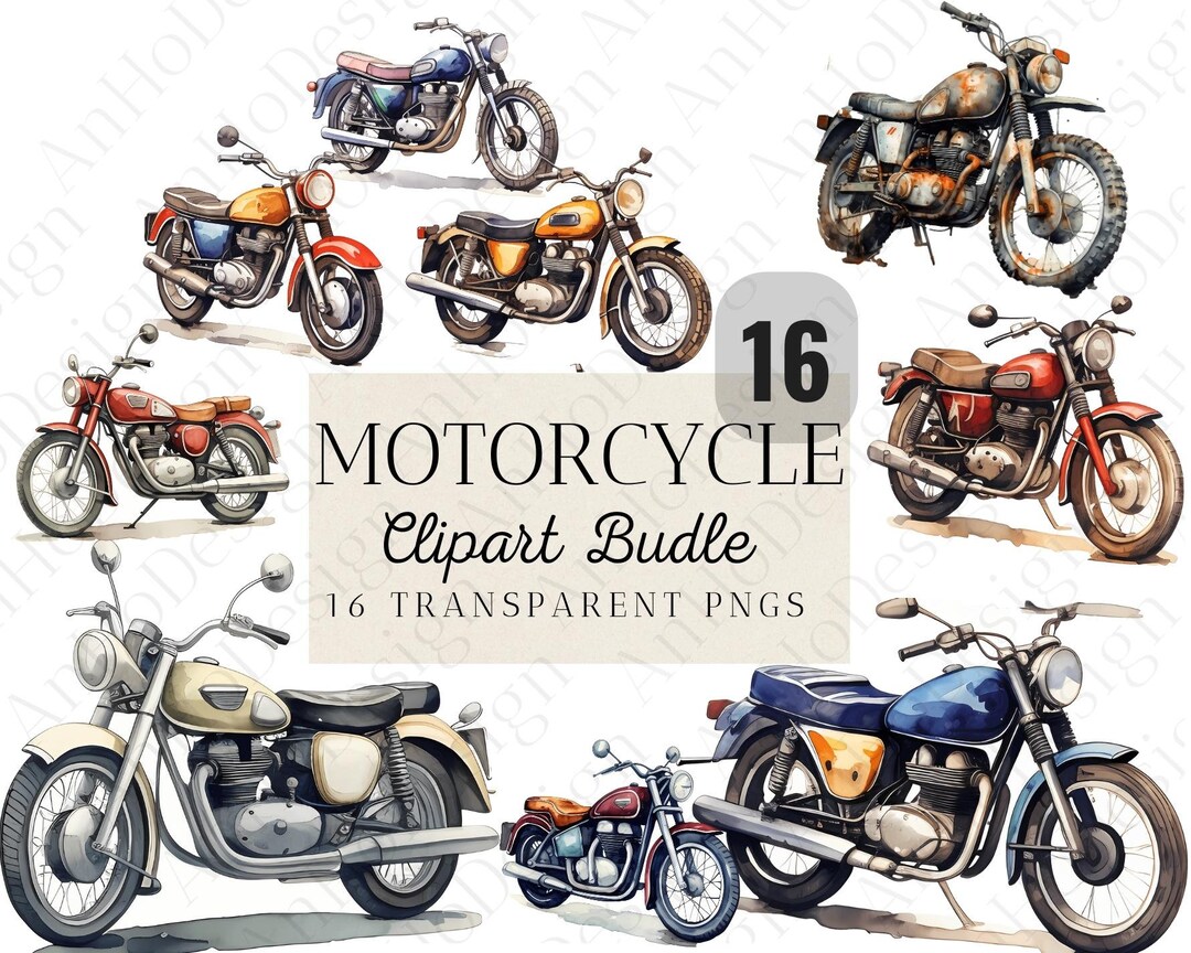 16 Watercolor Motorcycle Clipart Bundle, Motorcycle PNG, Art, Vintage ...