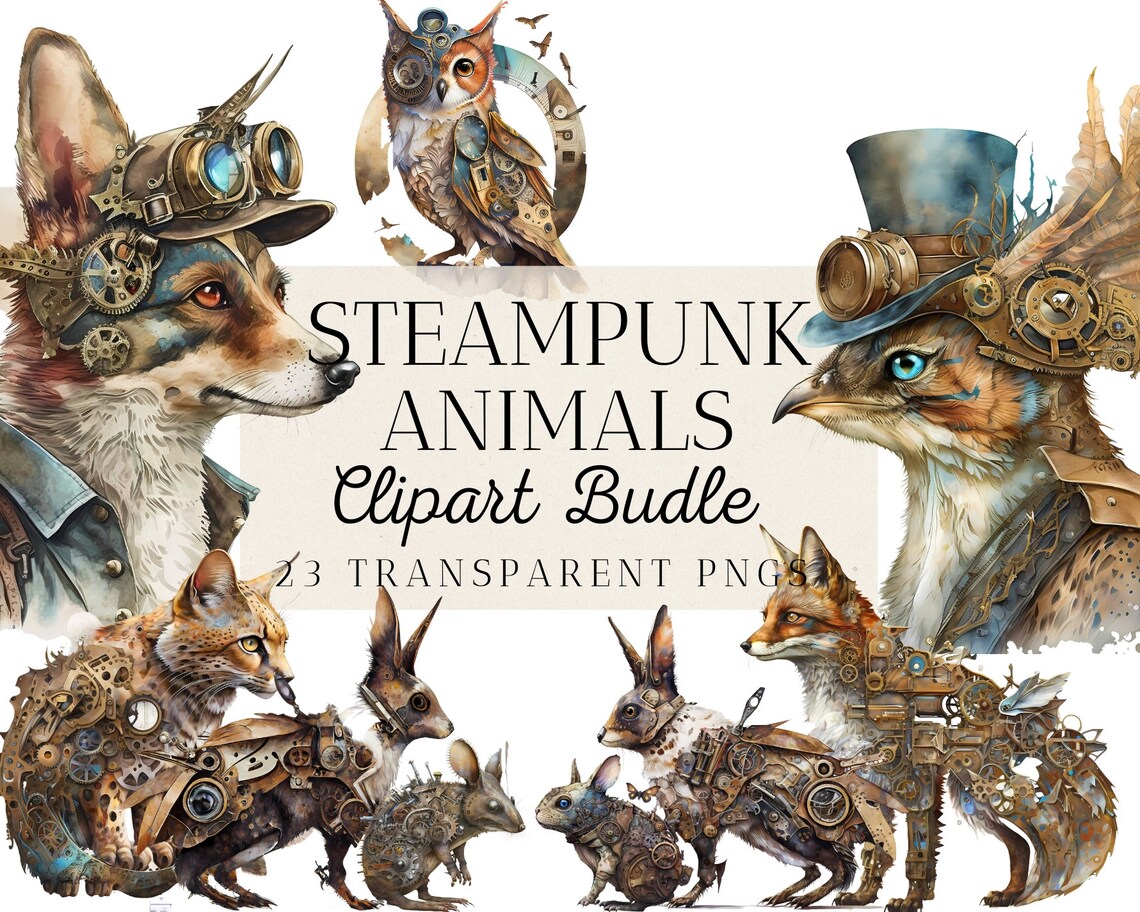 23 Steampunk Animal Clipart Bundle, Steampunk Animal Ephemera, Fantasy ...