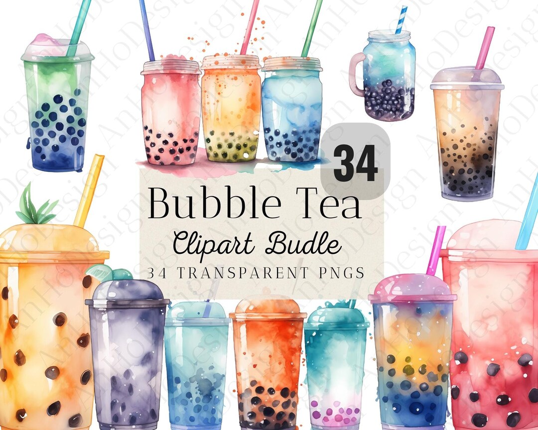 34 Watercolor Boba Tea Clipart Bundle, Bubble Tea, Journal, Scrapbook ...