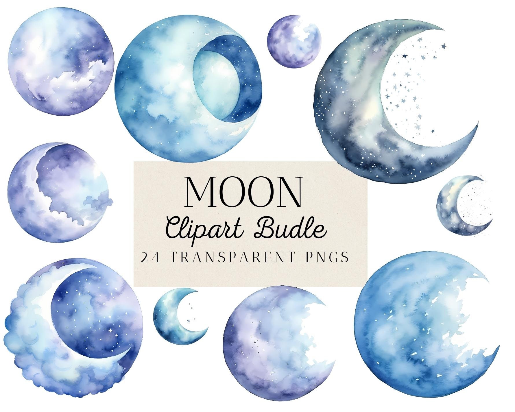 24 Watercolor Moon Clipart Bundle PNG SVG Transparent - Etsy