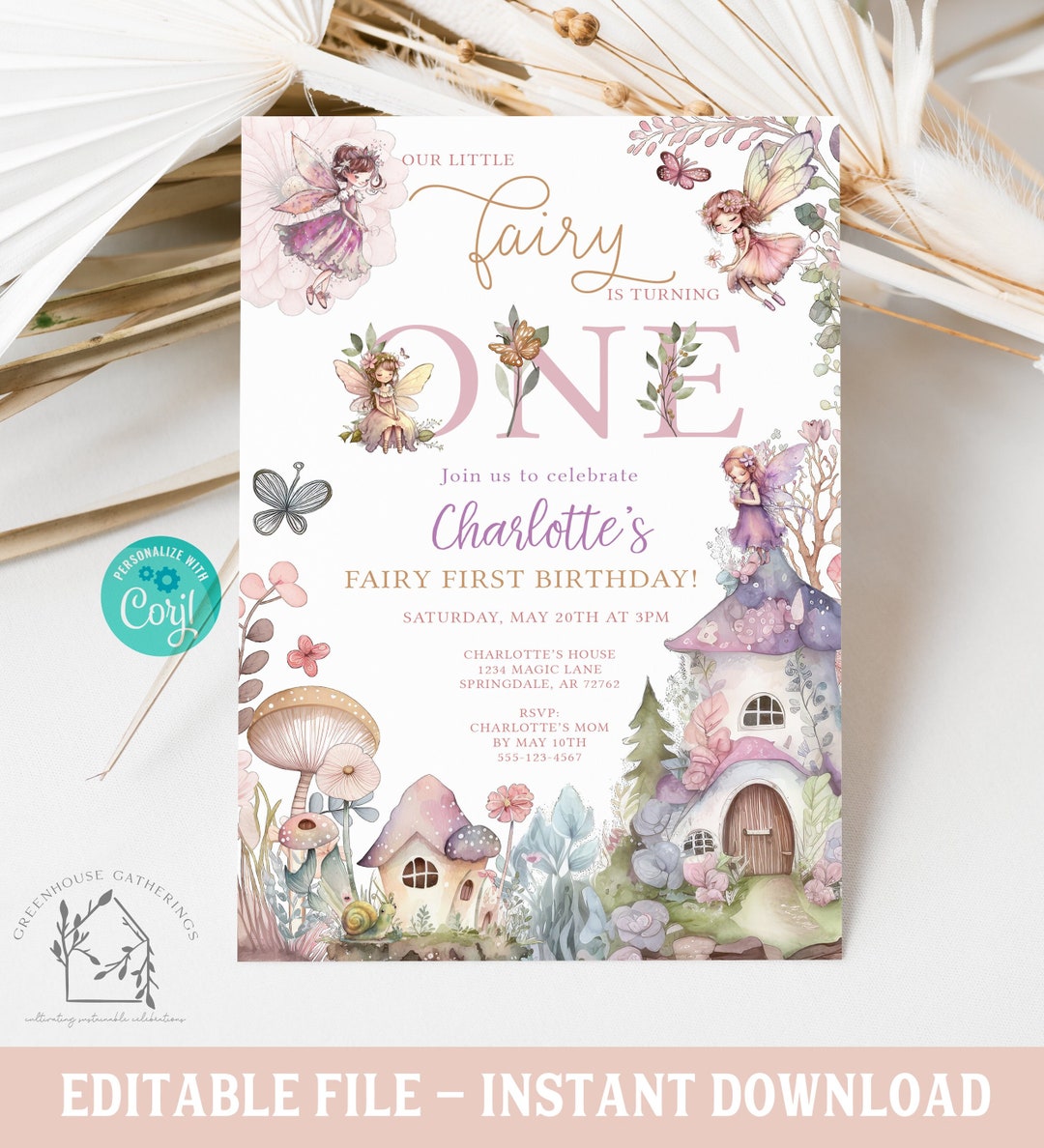 Editable Fairy Birthday Invitation Fairy First Birthday Invitation ...