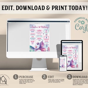 Editable Mermaid 1st Birthday Poster Oneder the Sea Under the Sea ...