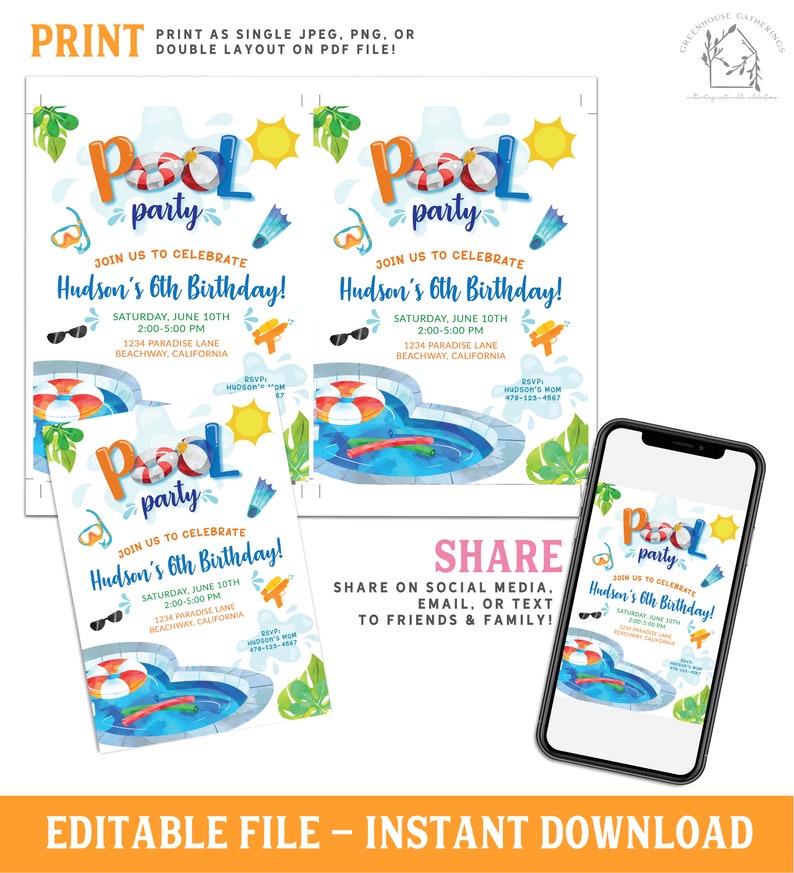 Editable Pool Party Invitation ANY AGE Pool Party Birthday Invitation ...