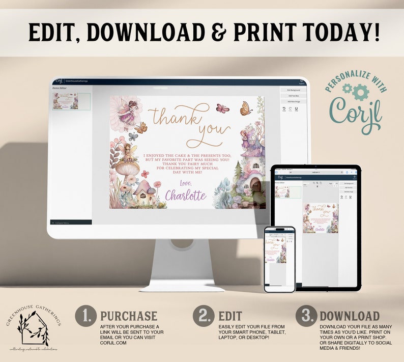 Editable Fairy Birthday Thank You Card Flat Card Garden Fairy Magical ...