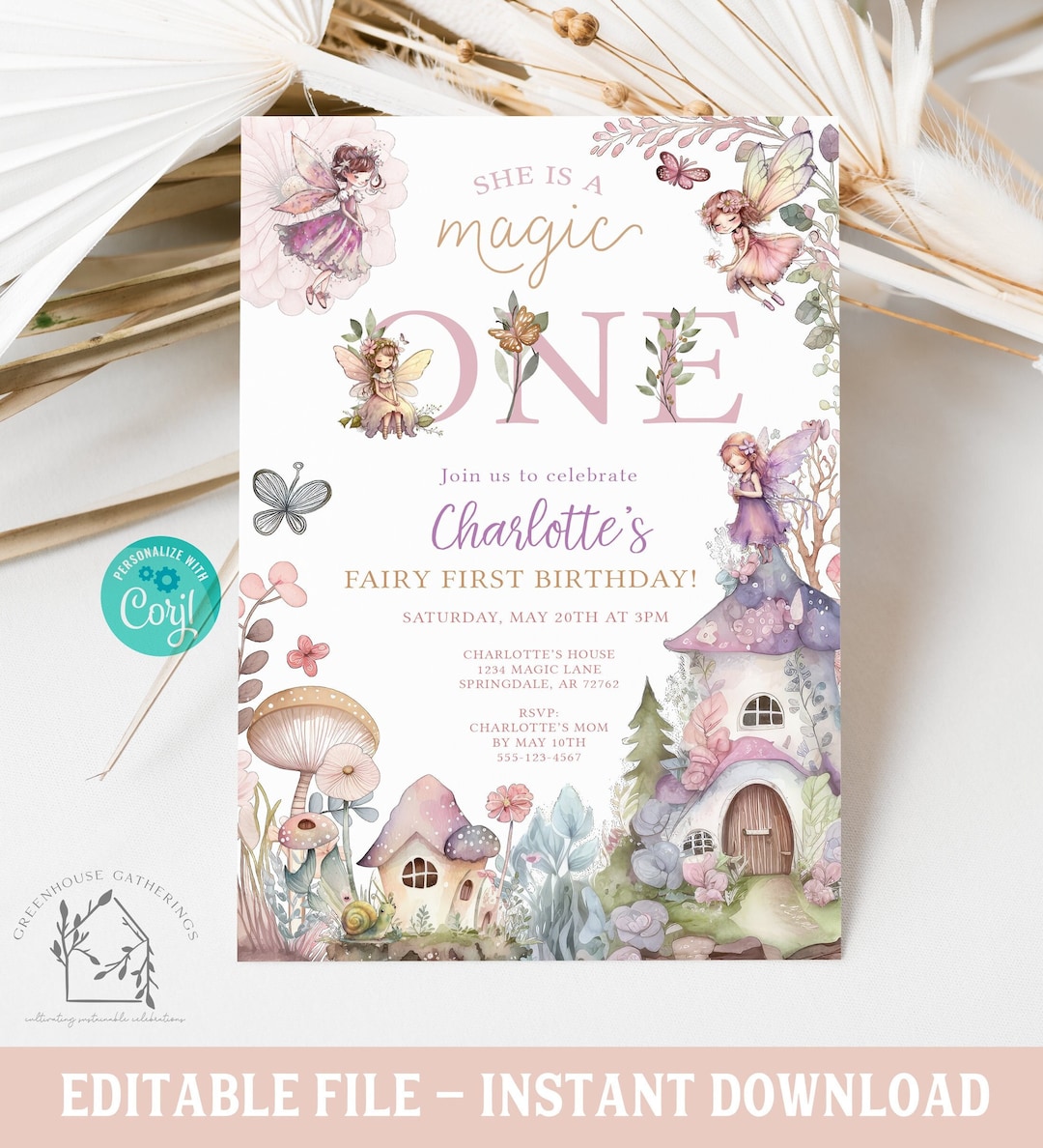 Editable Fairy Birthday Invitation Fairy Magic ONE Birthday Invitation ...