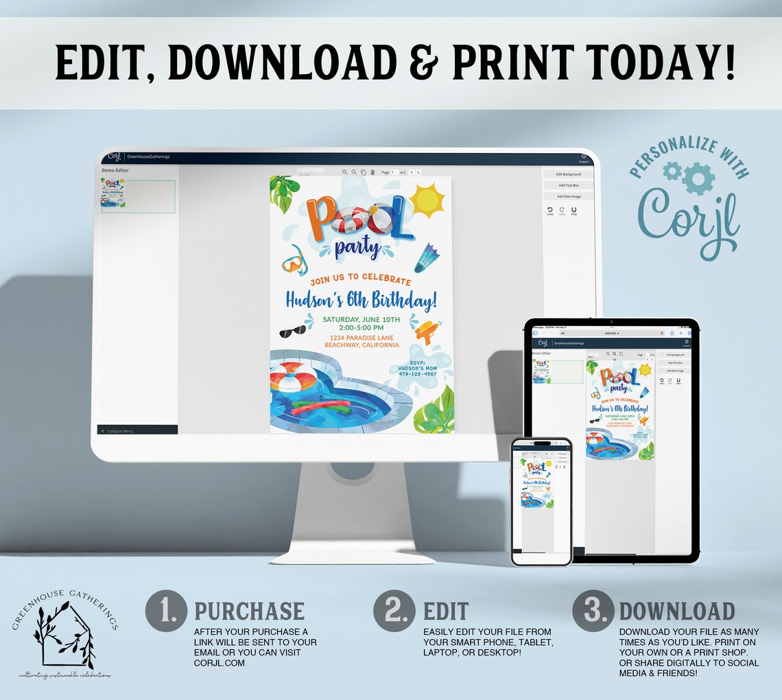 Editable Pool Party Invitation ANY AGE Pool Party Birthday Invitation ...