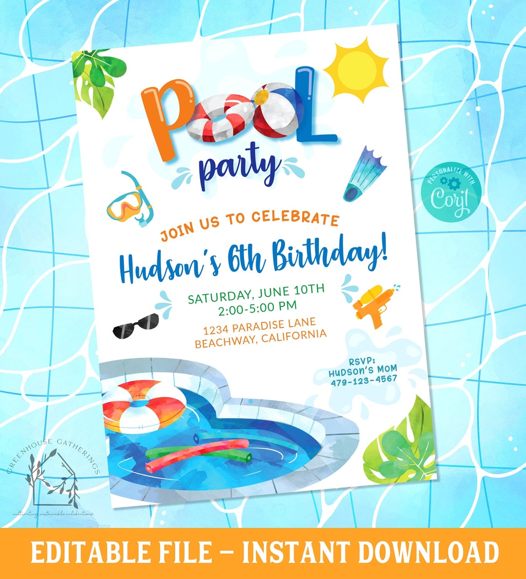Editable Pool Party Invitation Any Age Pool Party Birthday Invitation Tropical Splish Splash