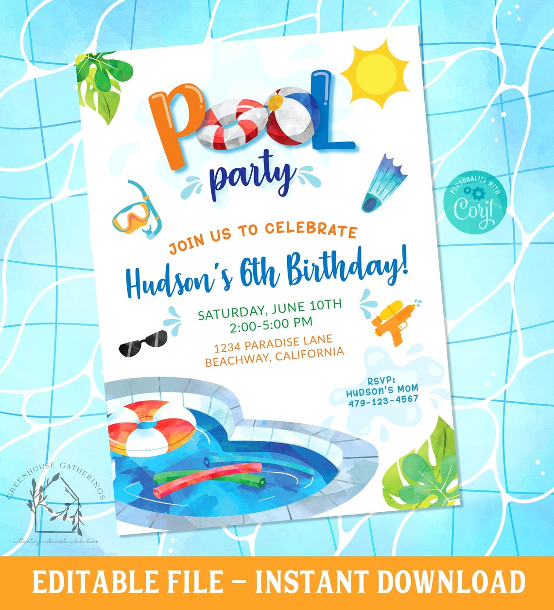 Editable Pool Party Invitation ANY AGE Pool Party Birthday Invitation ...