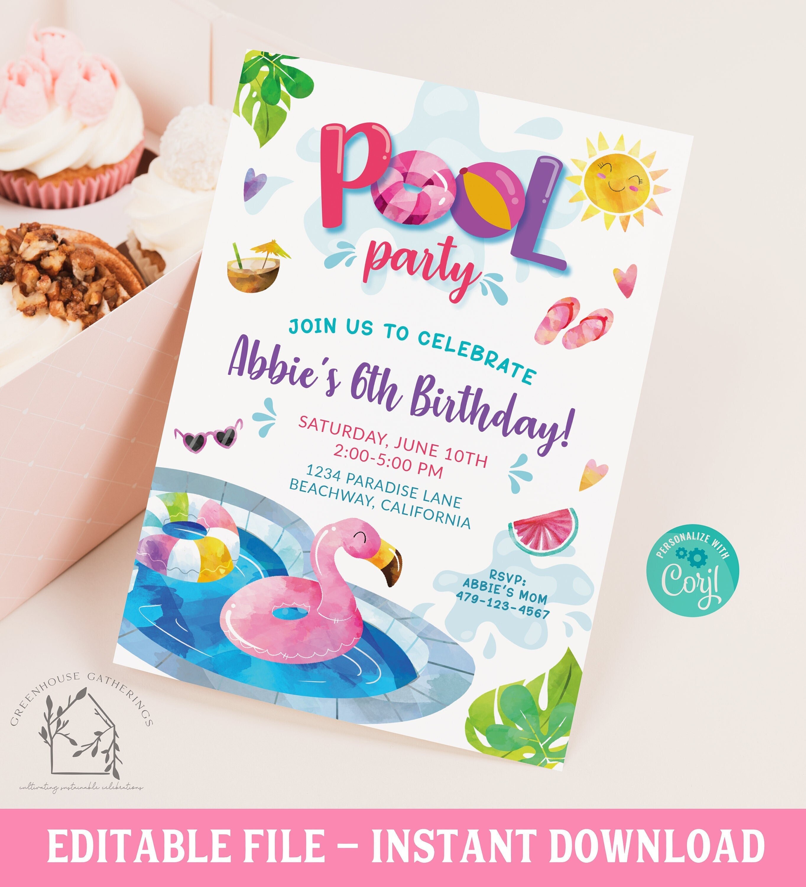 Editable Pool Party Invitation ANY AGE Pool Party Birthday Invitation Tropical Splish Splash ...