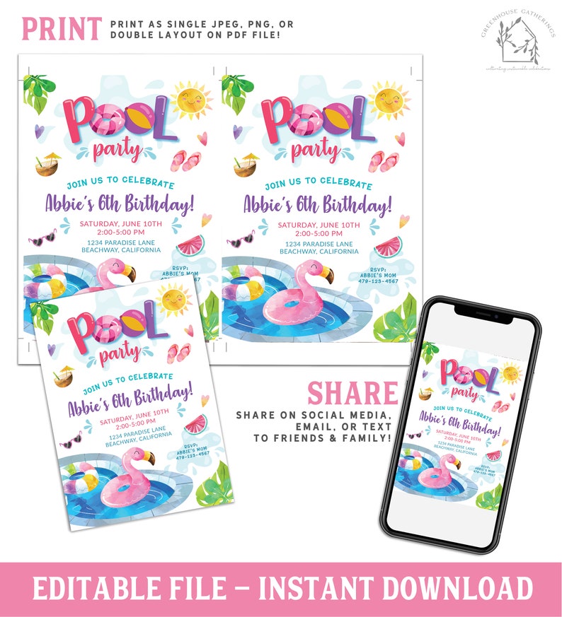 Editable Pool Party Invitation ANY AGE Pool Party Birthday Invitation ...