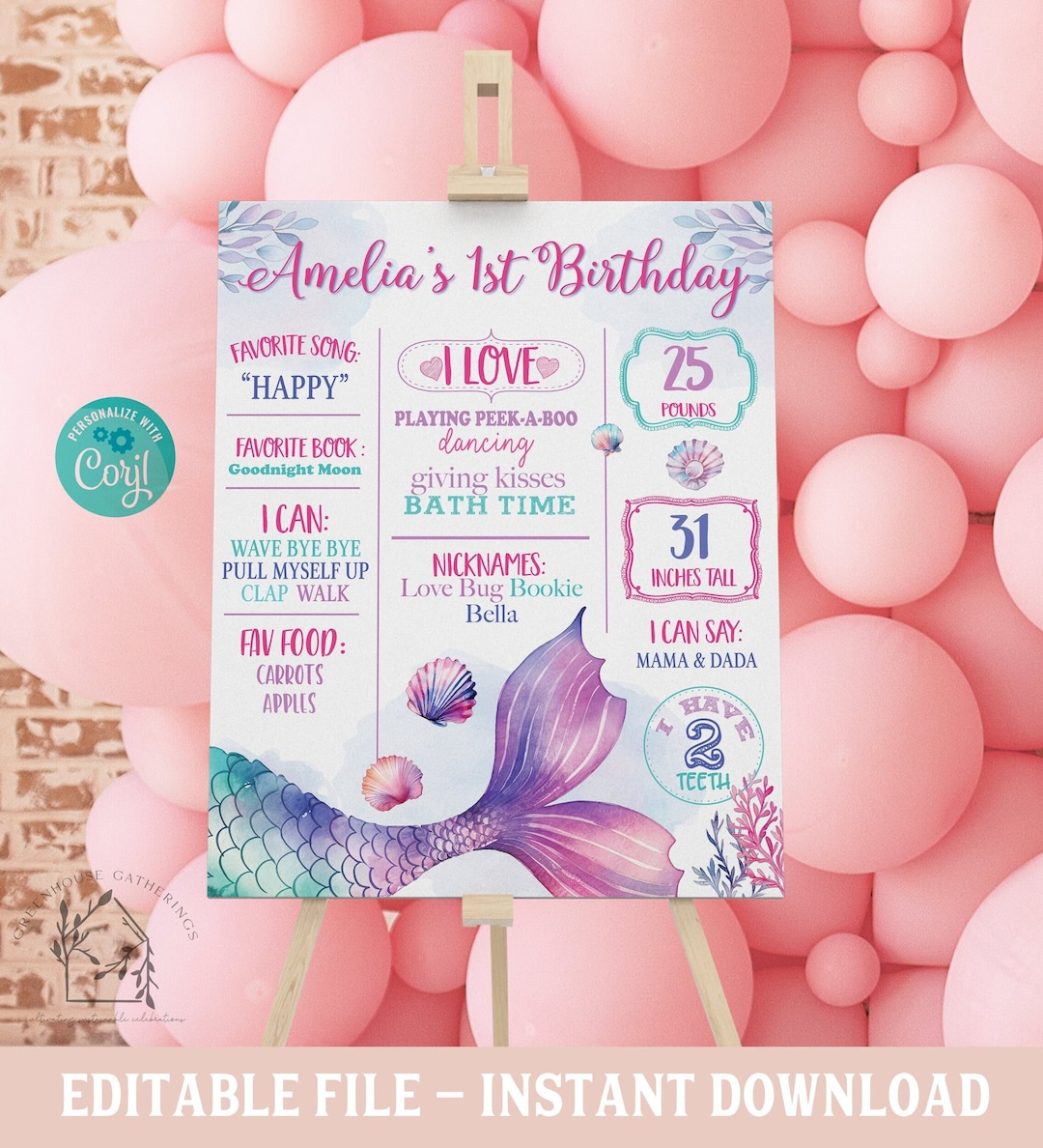 Editable Mermaid 1st Birthday Poster Oneder the Sea Under the Sea ...