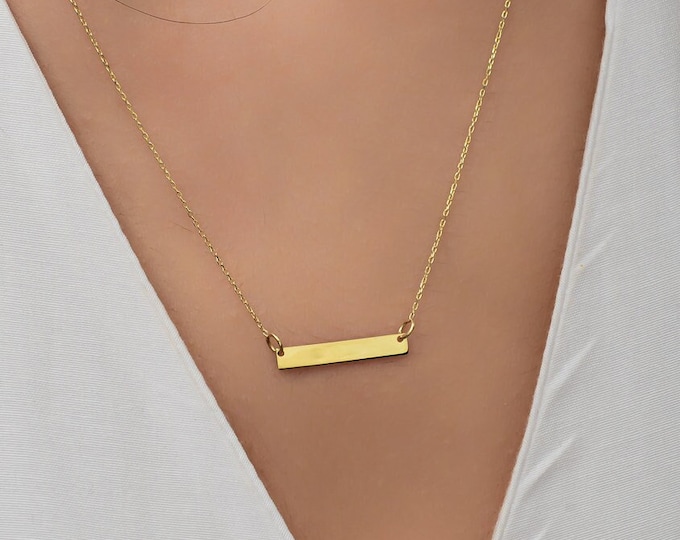 Personalized 14K Gold Bar Name Necklace, Engraved Horizontal Bar ...