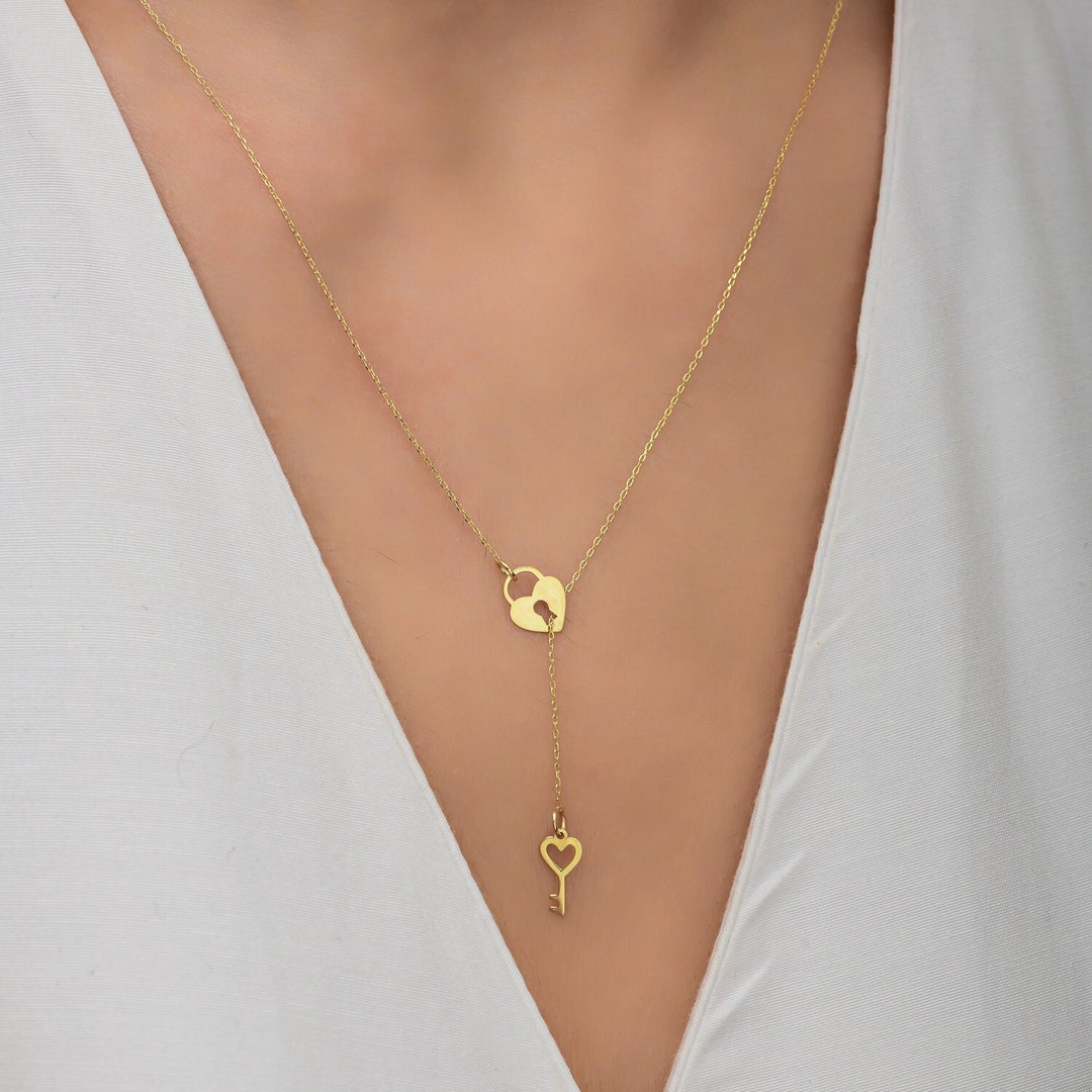 14K Gold Heart Lock and Key Lariat Necklace: Dainty Padlock Pendant - Etsy