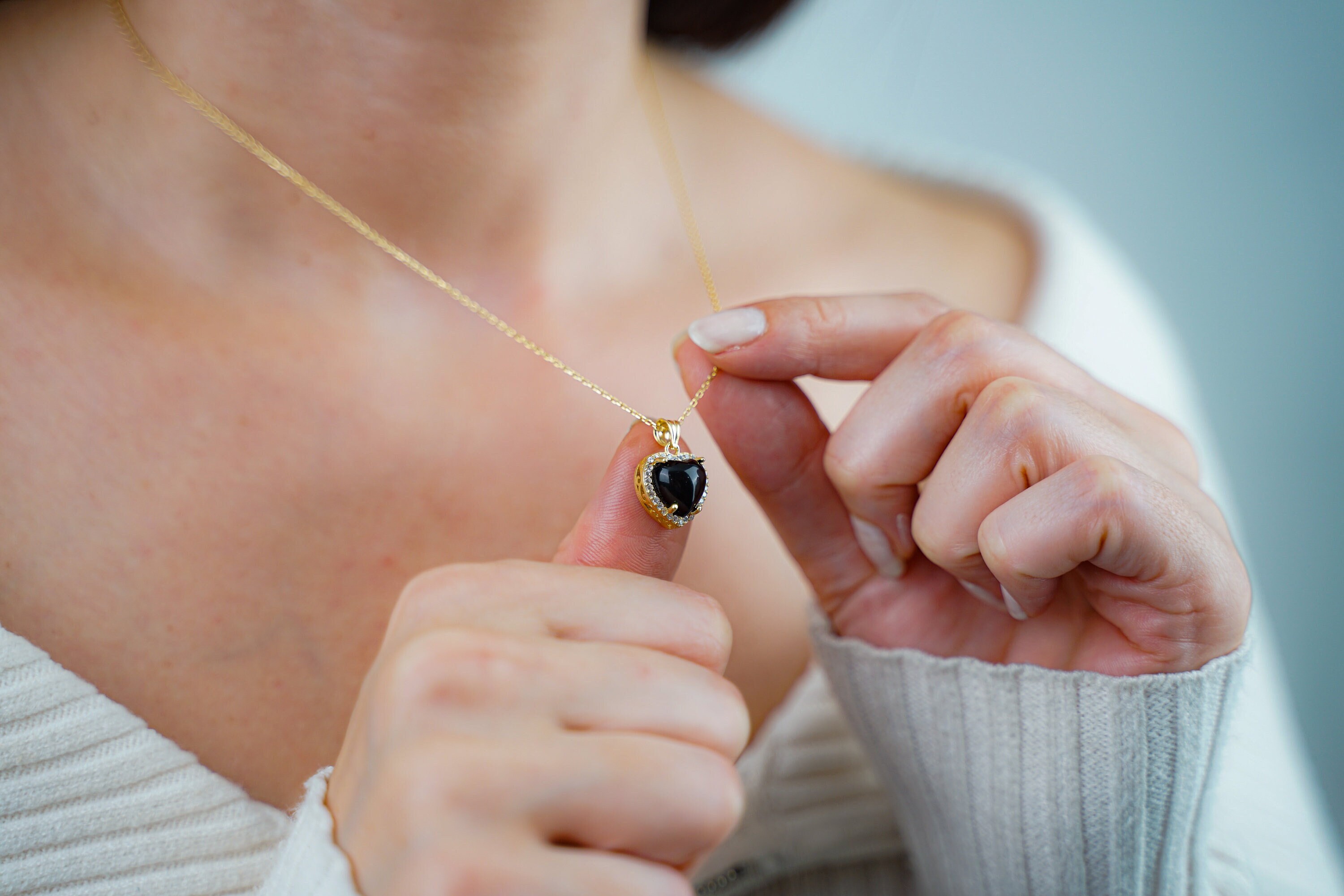 14K Real Gold Black Onyx Heart Necklace, Dainty Black Onyx Charm, Layering Black Stone Heart ...