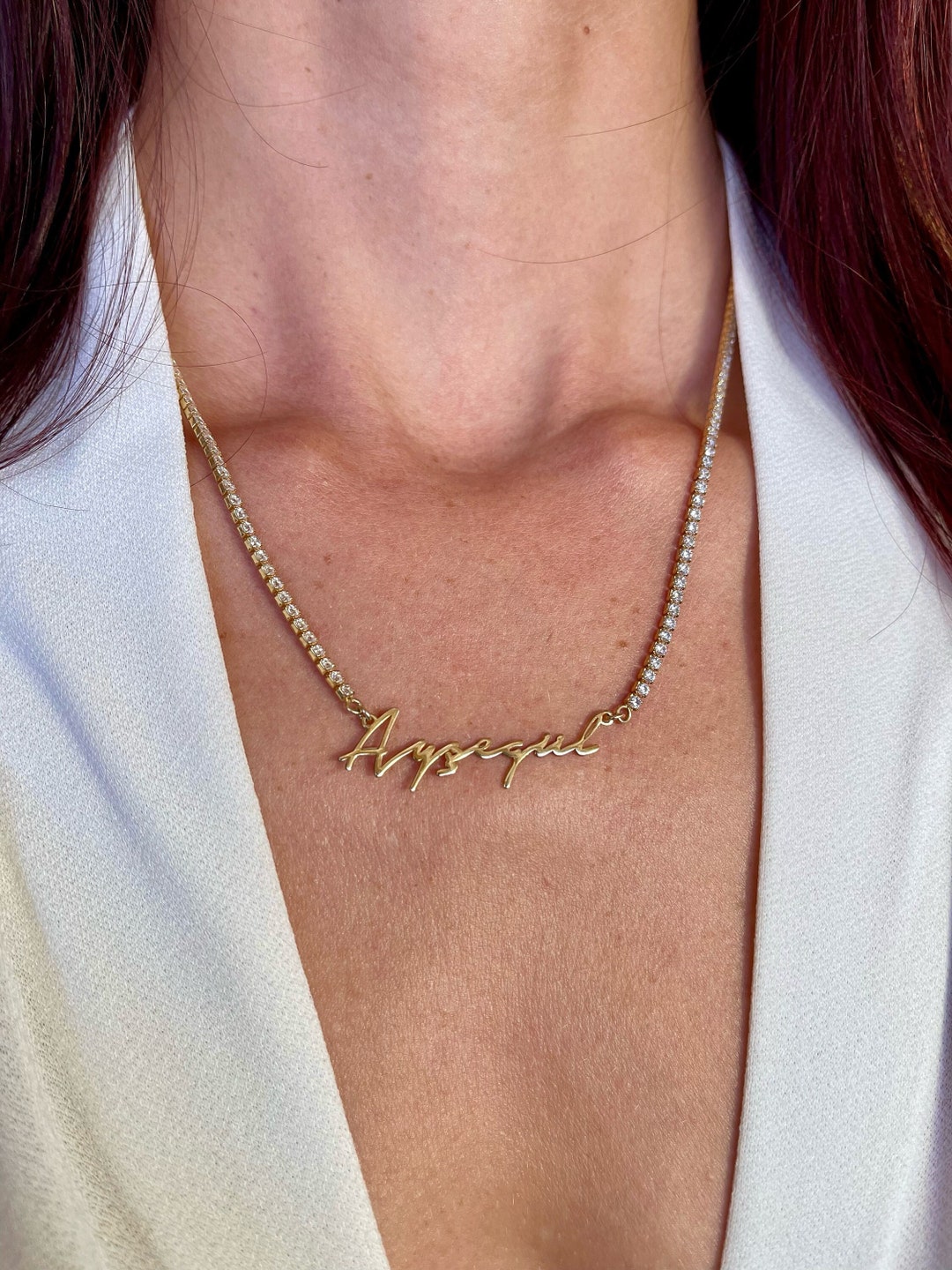 14k Gold Personalized Name Necklace Diamond Chain Pave Script Name